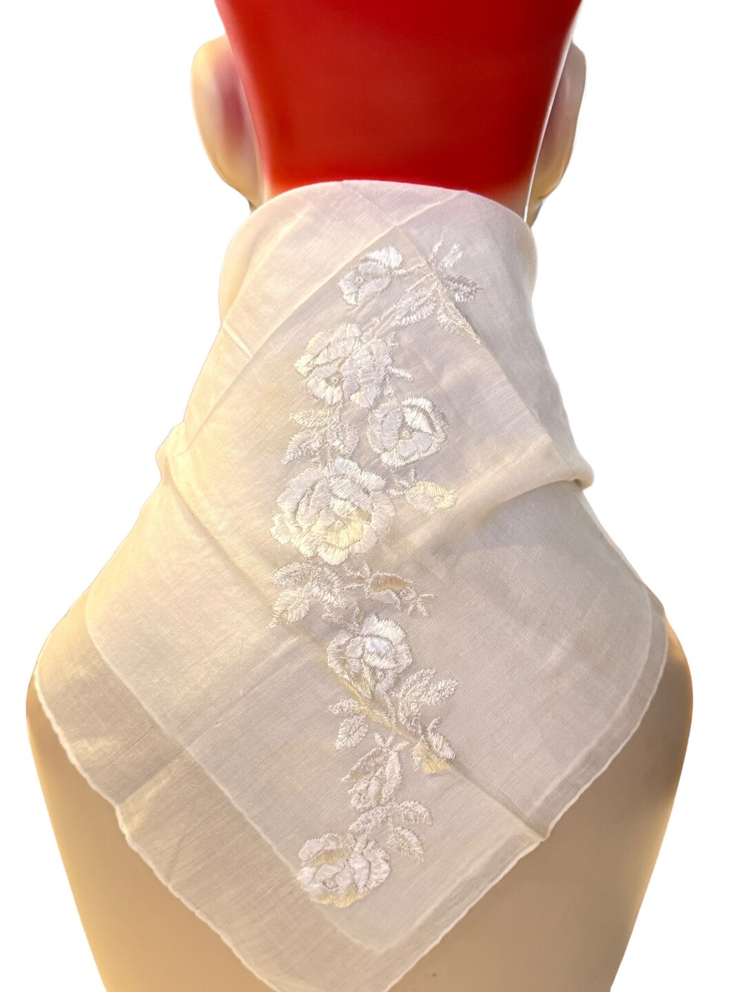 Vintage White Cotton Neck Scarf or Handkerchief With Needlework Roses ...
