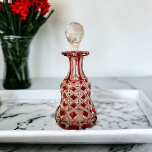 Vintage Baccarat Style Ruby Red Cut Clear Square Pattern Perfume Bottle Multifaceted Cut Stopper ...