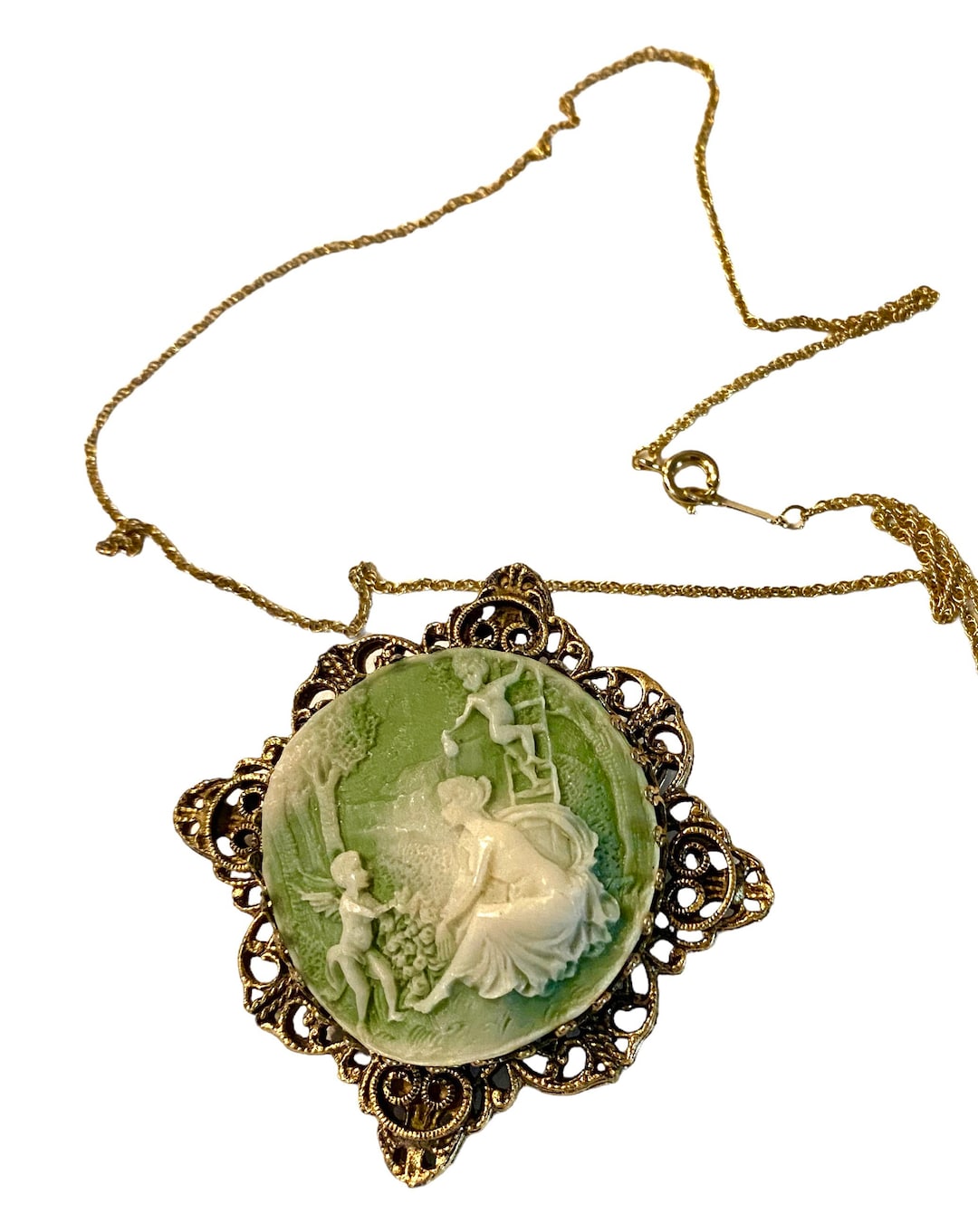 Vintage MCM Green Resin Cameo With Cherub Angels and Grecque Goddess ...