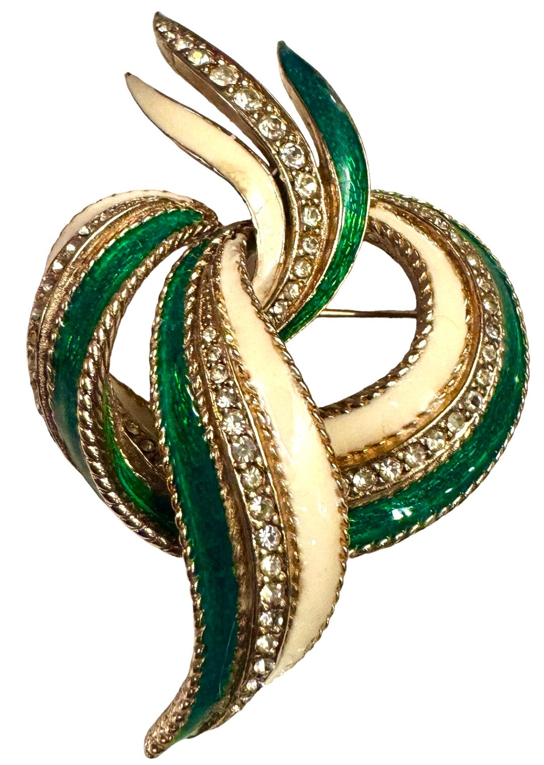 Vintage Emerald Green and Cream Enamel Ribbon With Crystals Ciner ...