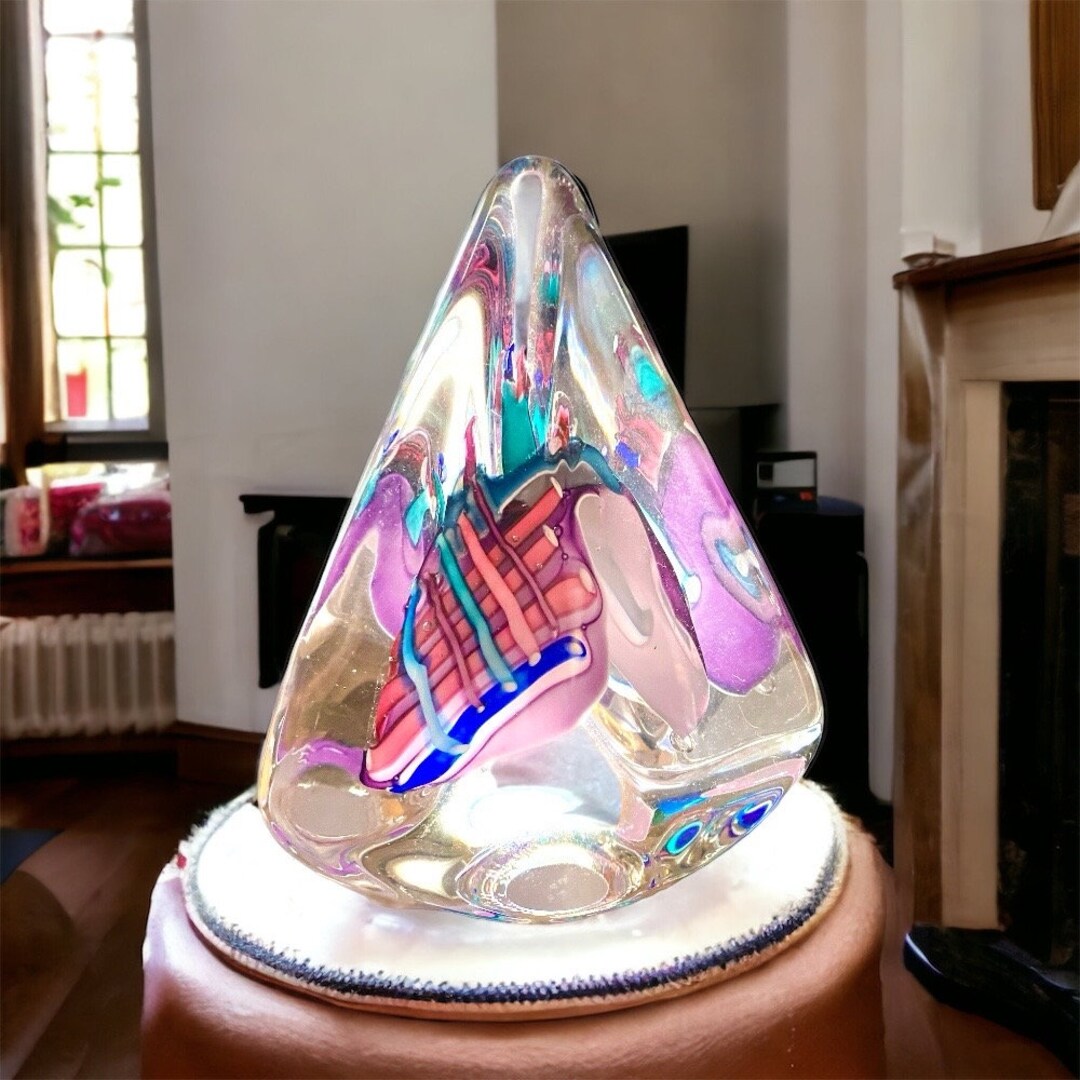 Vintage Large Schmidt Rhea 1992 Triangular Art Glass Statue Figure Pink ...