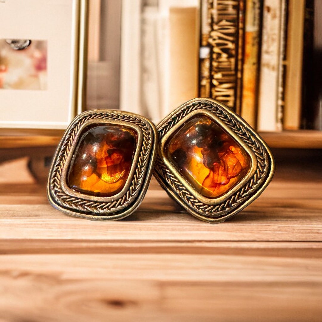 Vintage Square Faux Tortoise Shell Lucite Clip Earrings Boho Chic With ...