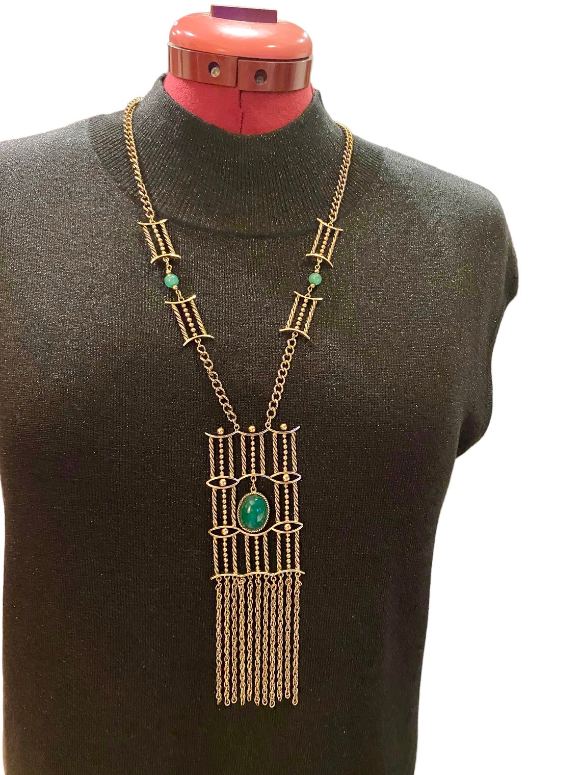 Vtg Unusual Abstract Chain Link Ladder Necklace With Faux Green Jade ...