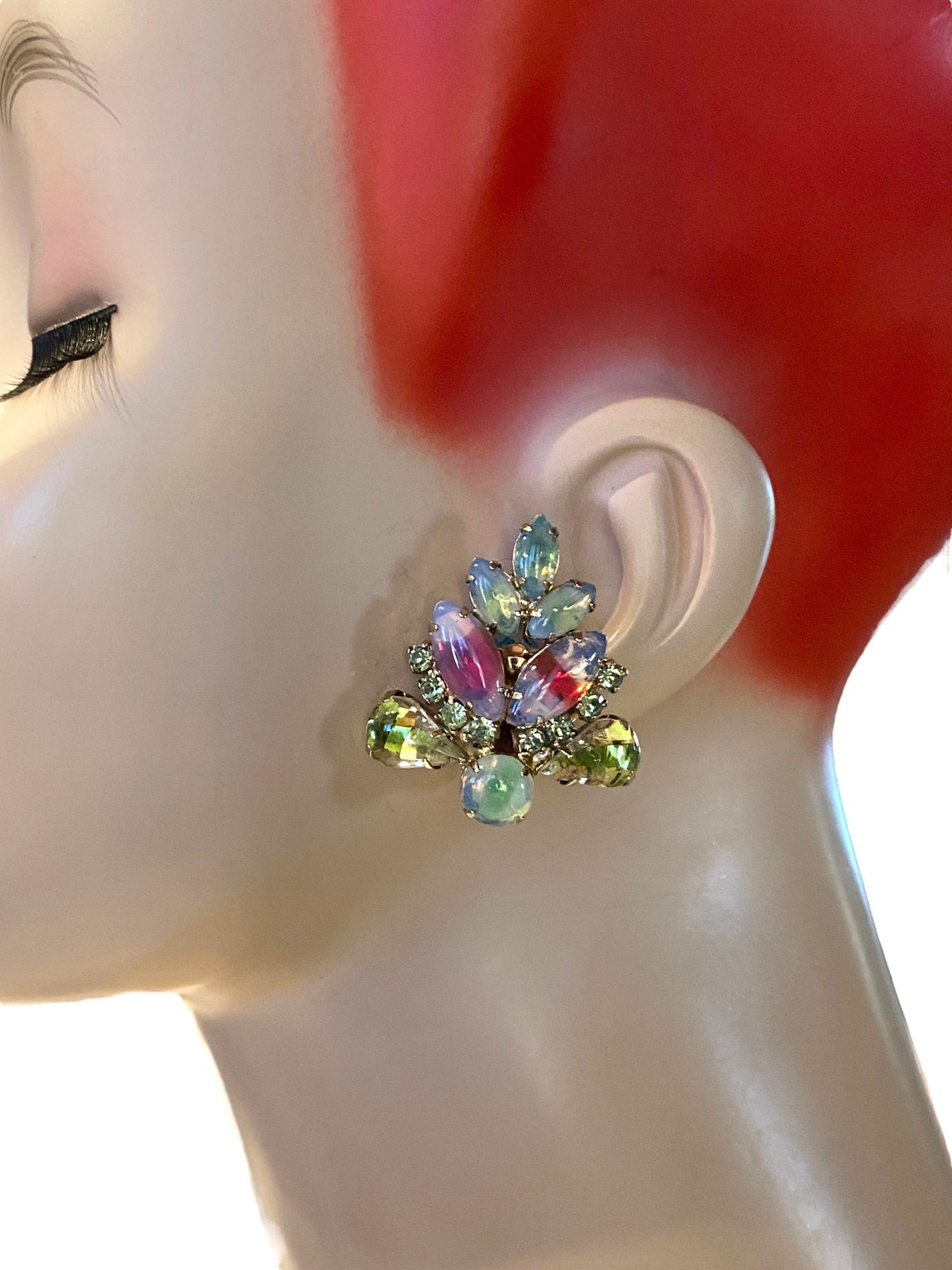 Vintage Juliana Pink Peppermint Striped Givre Glass Green Clip Earrings ...
