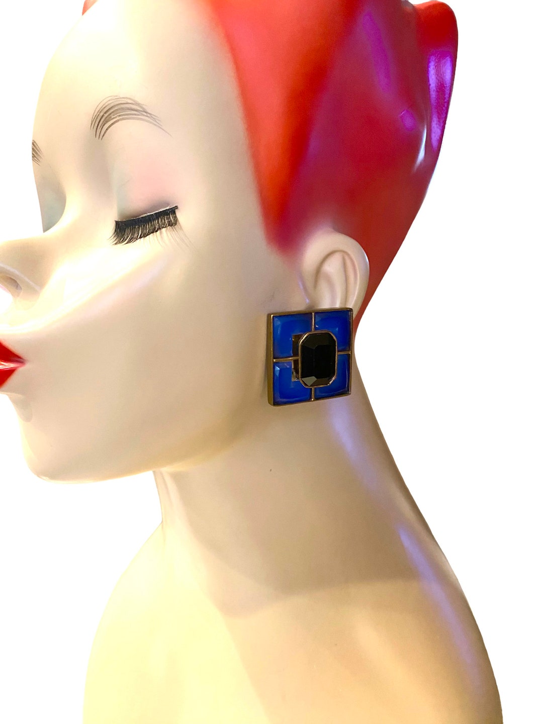 Vintage Tess Designs Art Deco Style Black on Blue Glass Square Clip ...