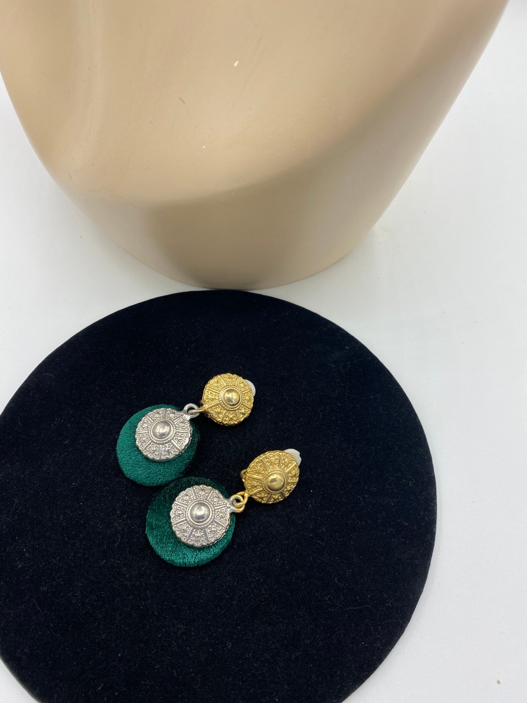 Vintage Forest Green Suede Disk Gold and Silver Dangle Clip Button ...