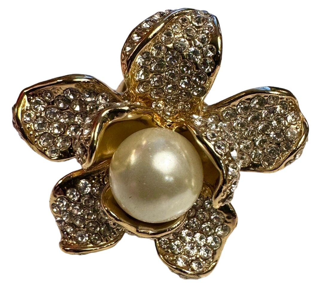 Vintage Joan Boyce Clear Pave Crystal Flower Ring With Faux Pearl Size ...
