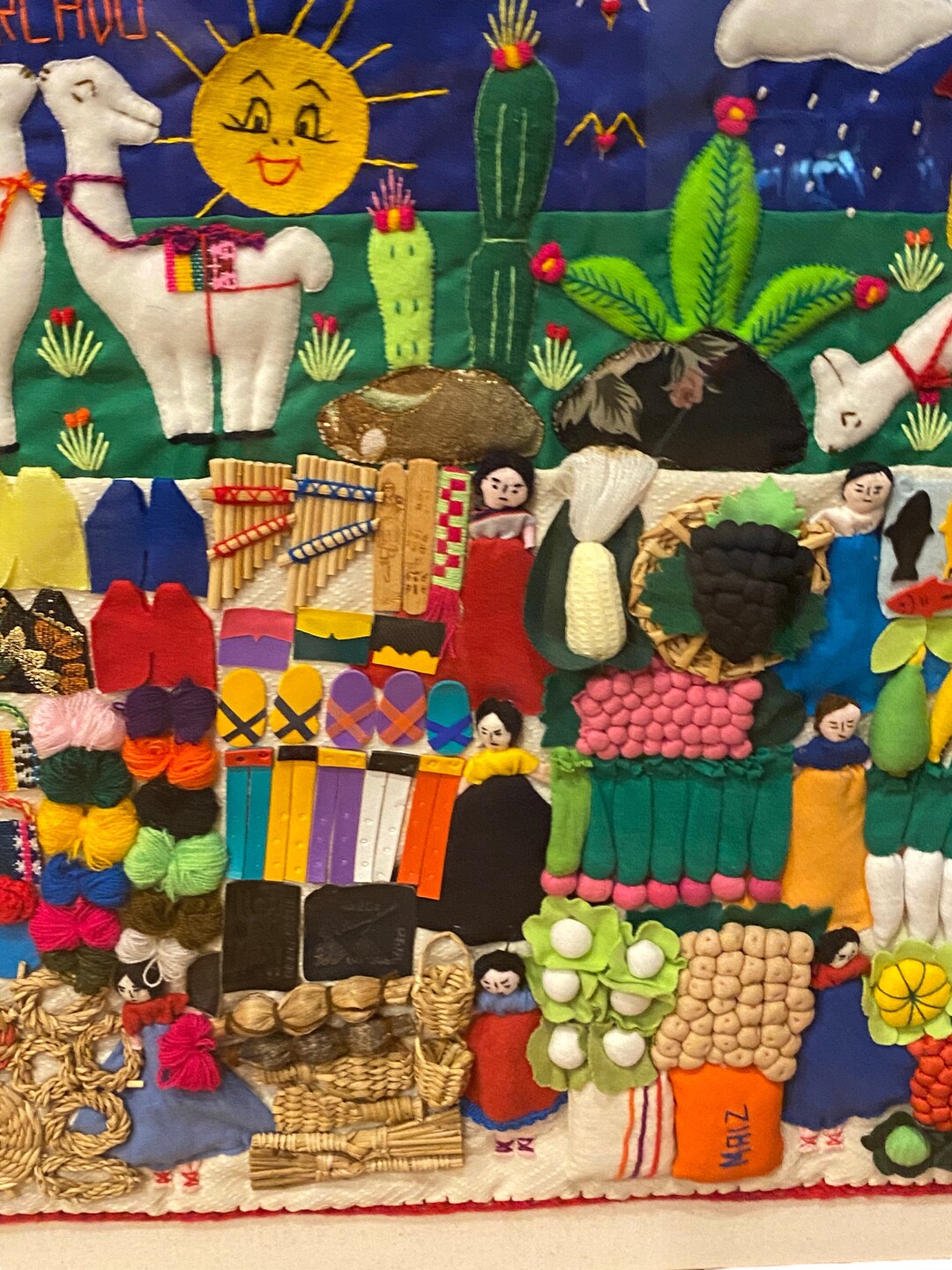 Vintage MCM Mercardo Market Paraguay Peru Arpillera Embroidery Folk Art ...