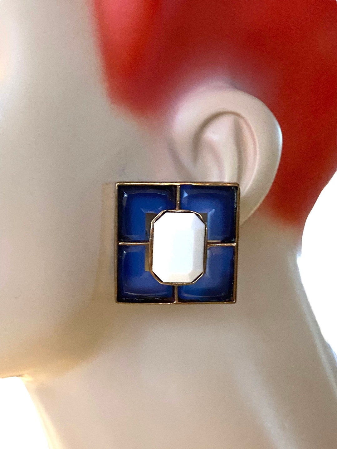 Vintage Tess Designs Art Deco Style Blue and White Milk Glass Square ...