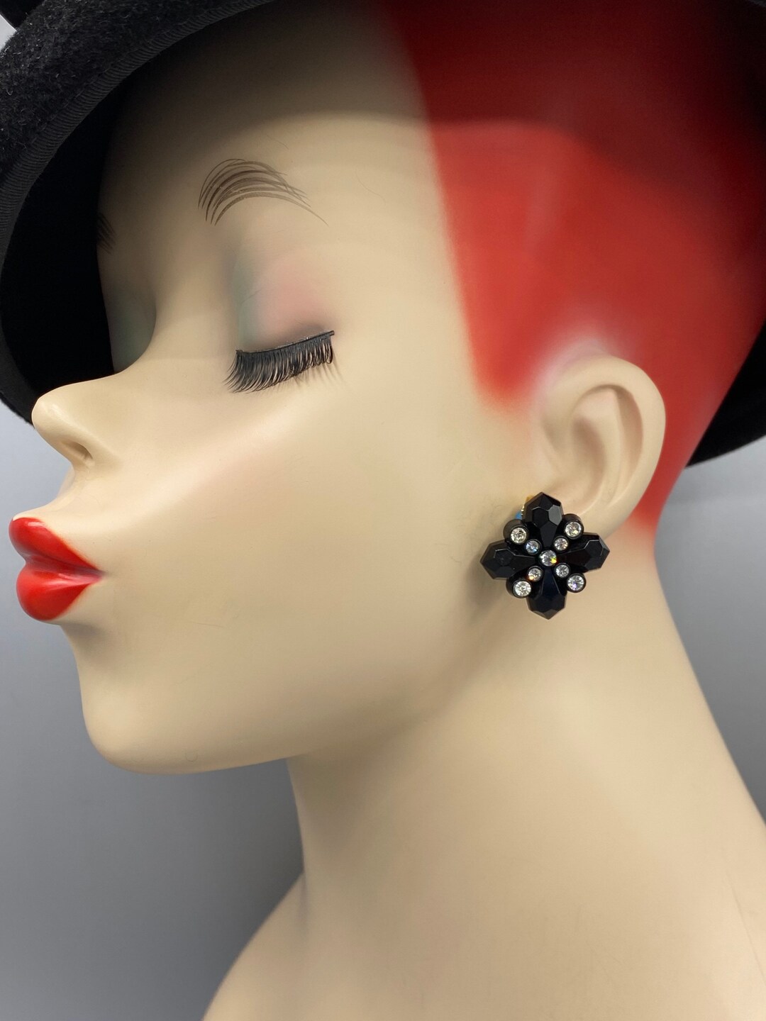 Vintage Art Deco Style Black Lucite and Crystal Square Clip EARRINGS ...