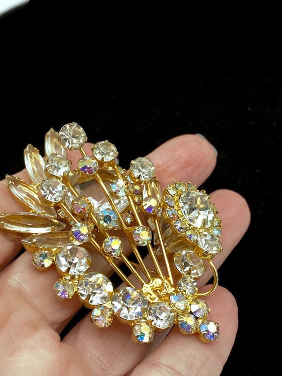 Vintage Juliana Aurora Borealis Flower Spray Rhinestone Brooch Gold ...