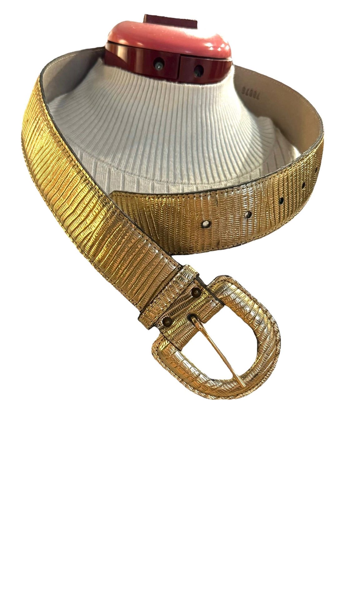 Vintage Calderon Made in USA Gold Reptile Scale Leather Belt Disco Era ...