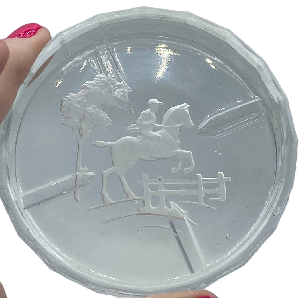 Vintage Jockey and Jumping Horse Octagonal Intaglio Glass Salt Cellar ...