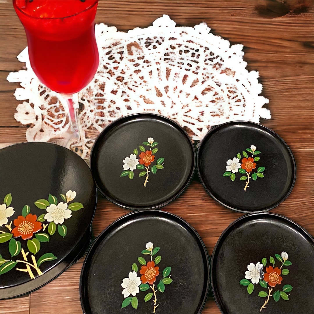 Vintage Japanese Lacquerware Set of 4 Coasters and Container Flowers - Etsy