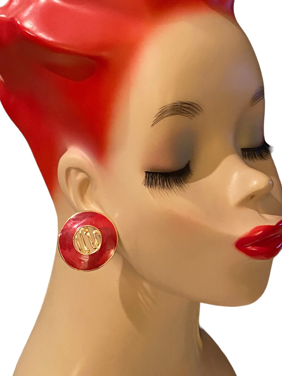 Vintage Gold Plated Red Enamel Gold Bars in Circle Pierced Earrings ...