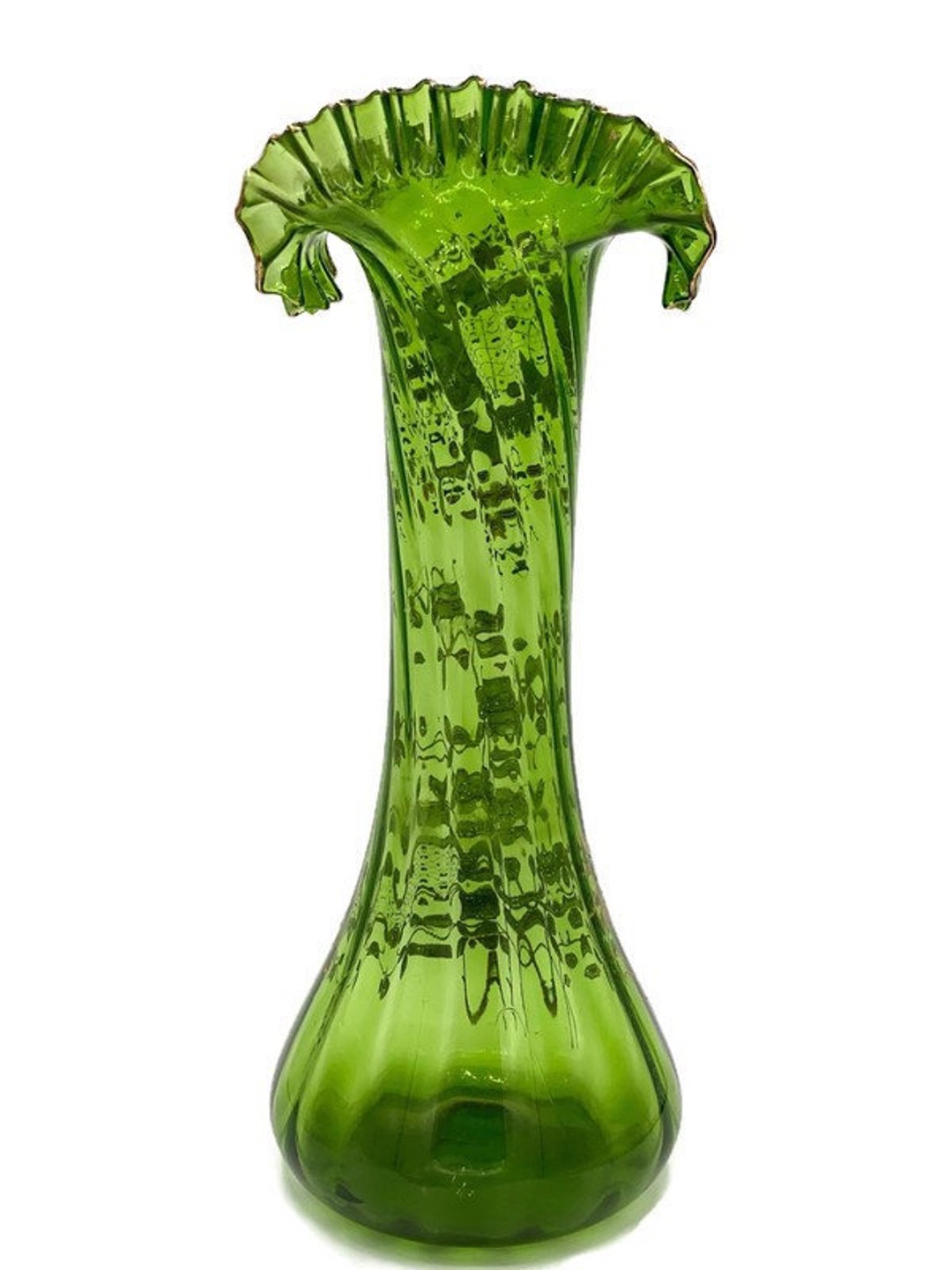 Vintage French Harrach Glass Antique Green Ruffle Vase With Gold Gilt ...