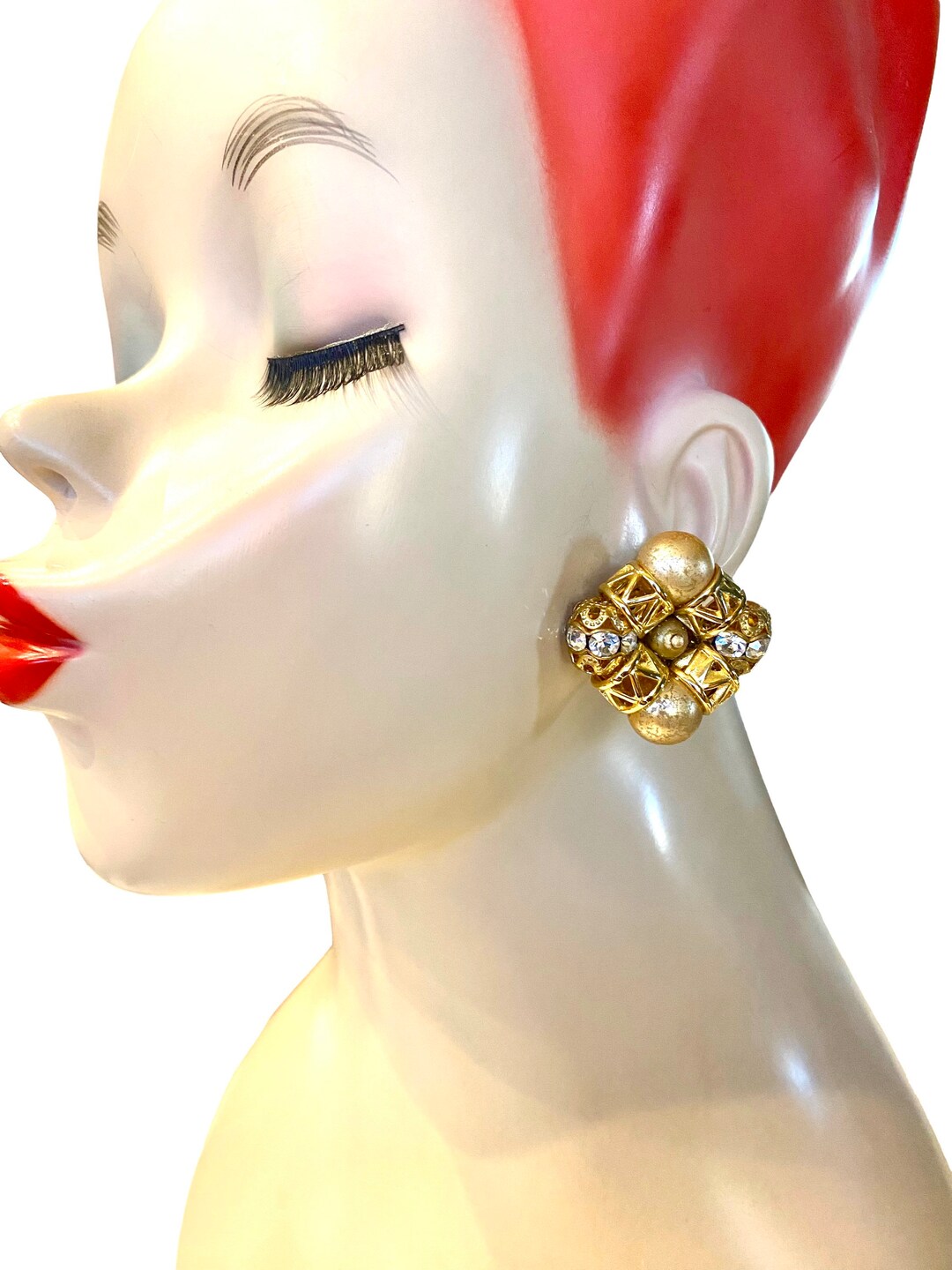 Vintage 18K Gold Plated Made in Monaco Beaded and Crystal Clip Earrings ...