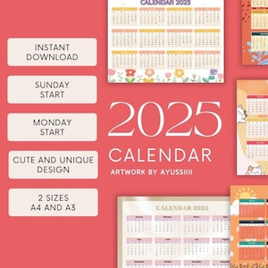 2025, Calendar, Cute Design, Printable Calendar, Digital Calendar, PDF ...