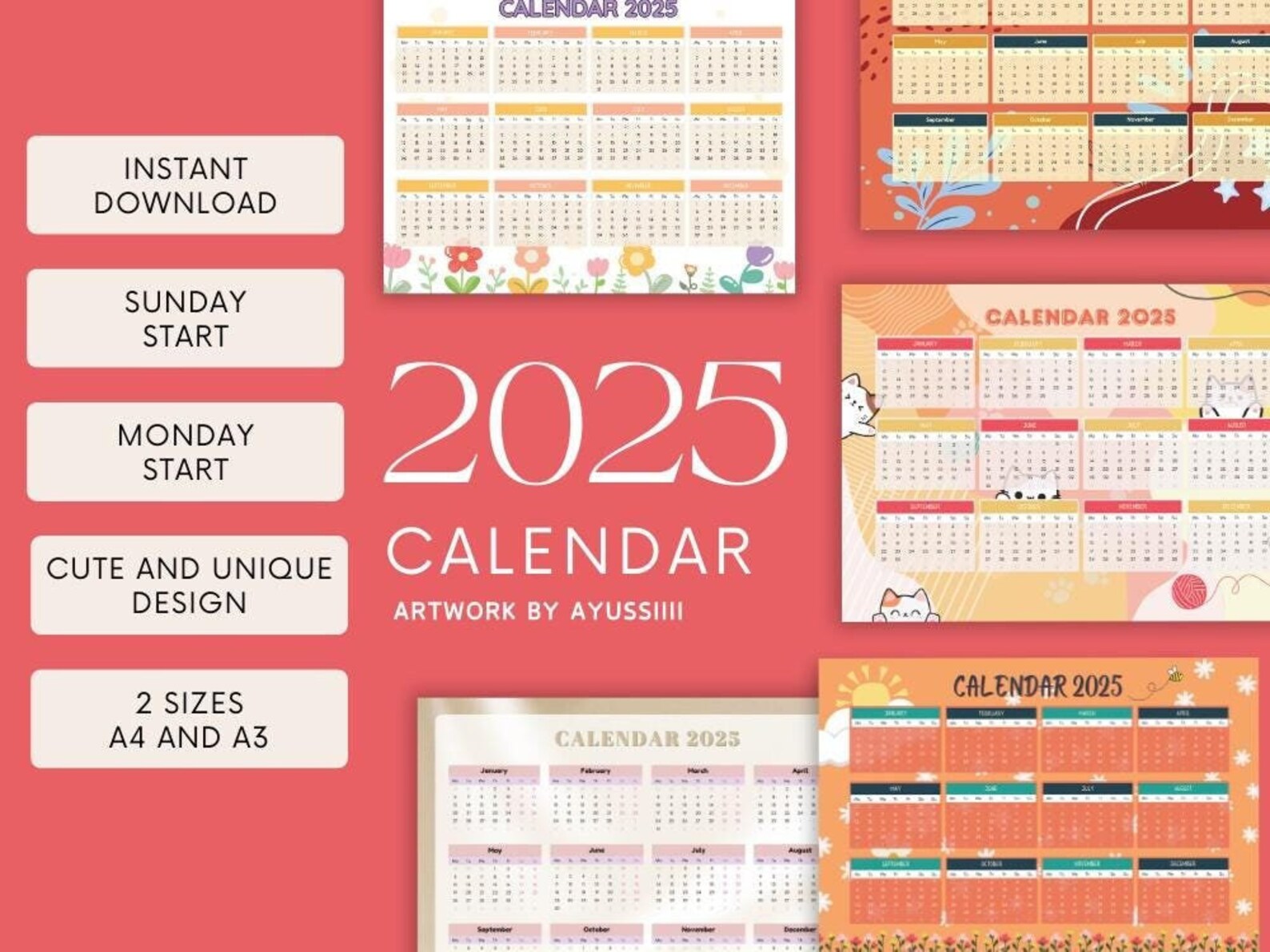 2025, Calendar, Cute Design, Printable Calendar, Digital Calendar, PDF ...
