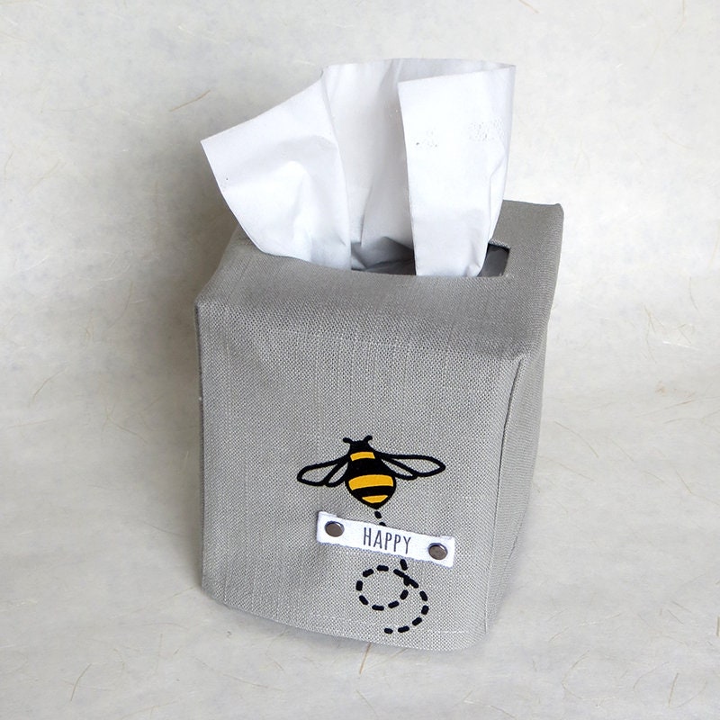 Bee Happy Tissue Box Cover Linen Greystone Gray | Etsy
