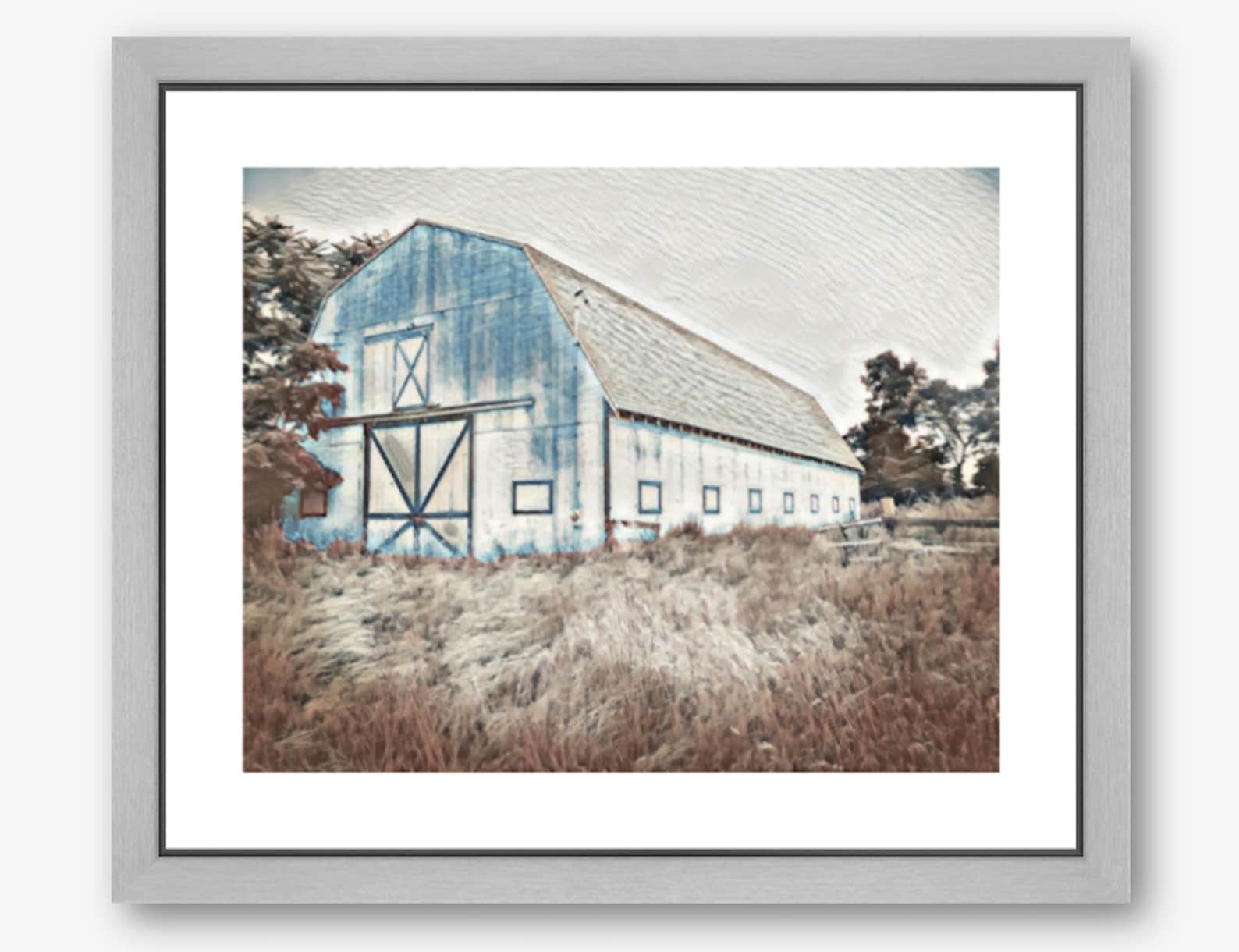 Barn Farmhouse Landscape Art Print Aqua Blue Barn Landscape - Etsy