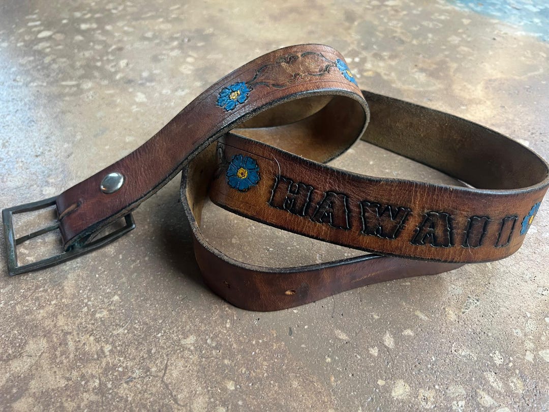 Vintage 70s Distressed Leather Belt, Floral Belt, Hawaii Belt, Boho ...