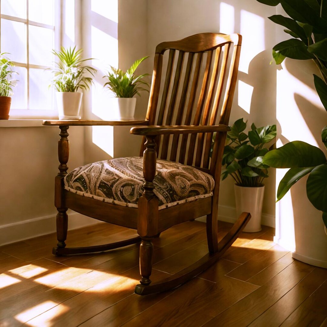 Vintage Rocking Chair Upholstered Seat Wood Spindles Home Decor - Etsy