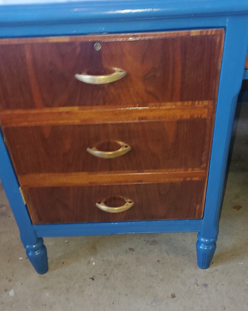 Antique Desk 1930's Secretary Desk Art Deco Solid Wood Blue and Natural ...