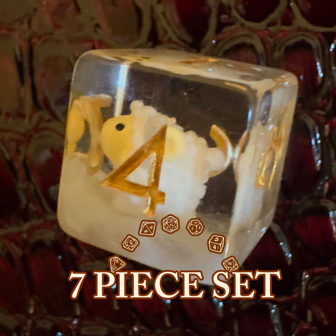 Cute Sheep Friends 7-piece DND Dice Set Clear Resin With Gold Numbering ...