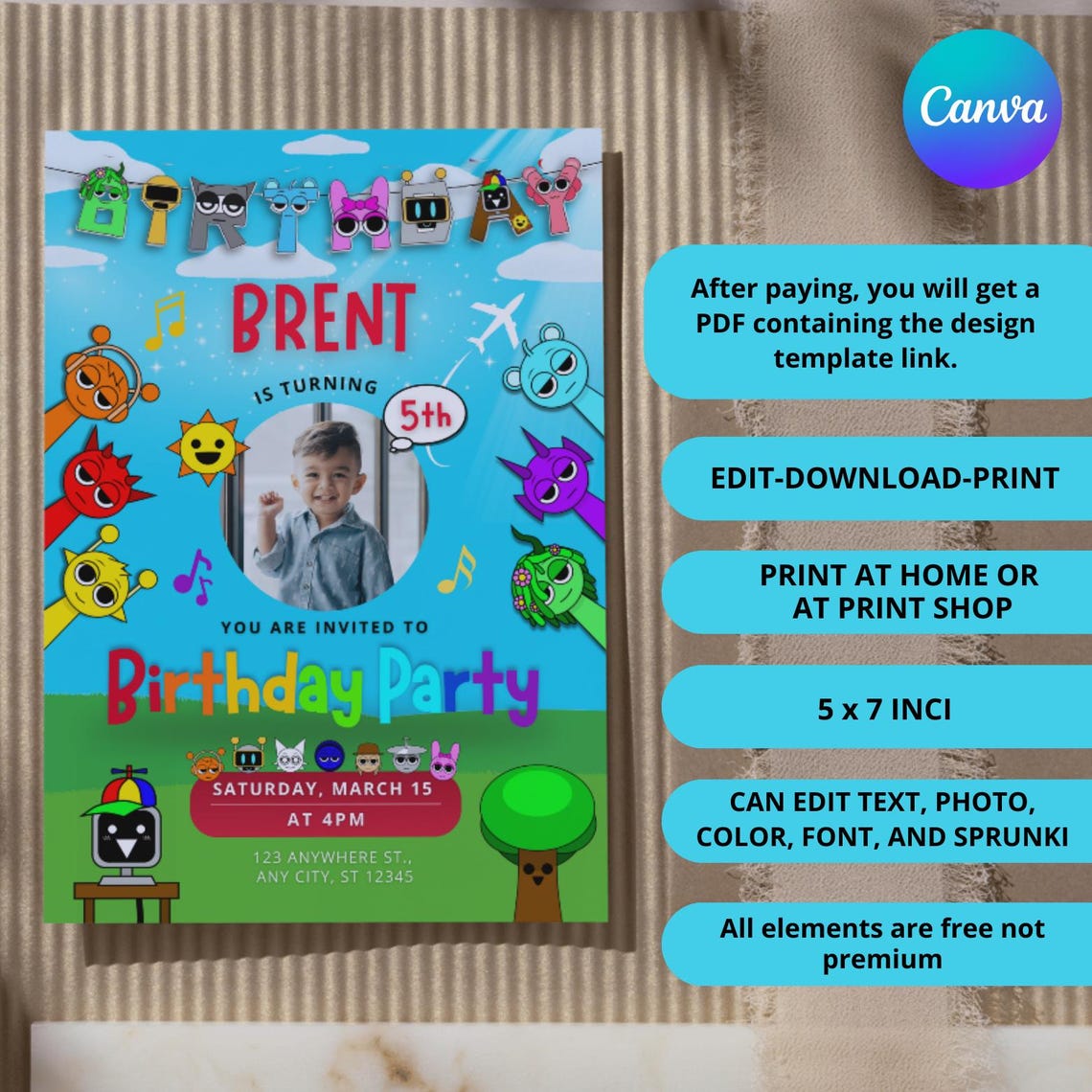 Sprunki Birthday Party Invitation Template. Girl or Boy Party Invite ...