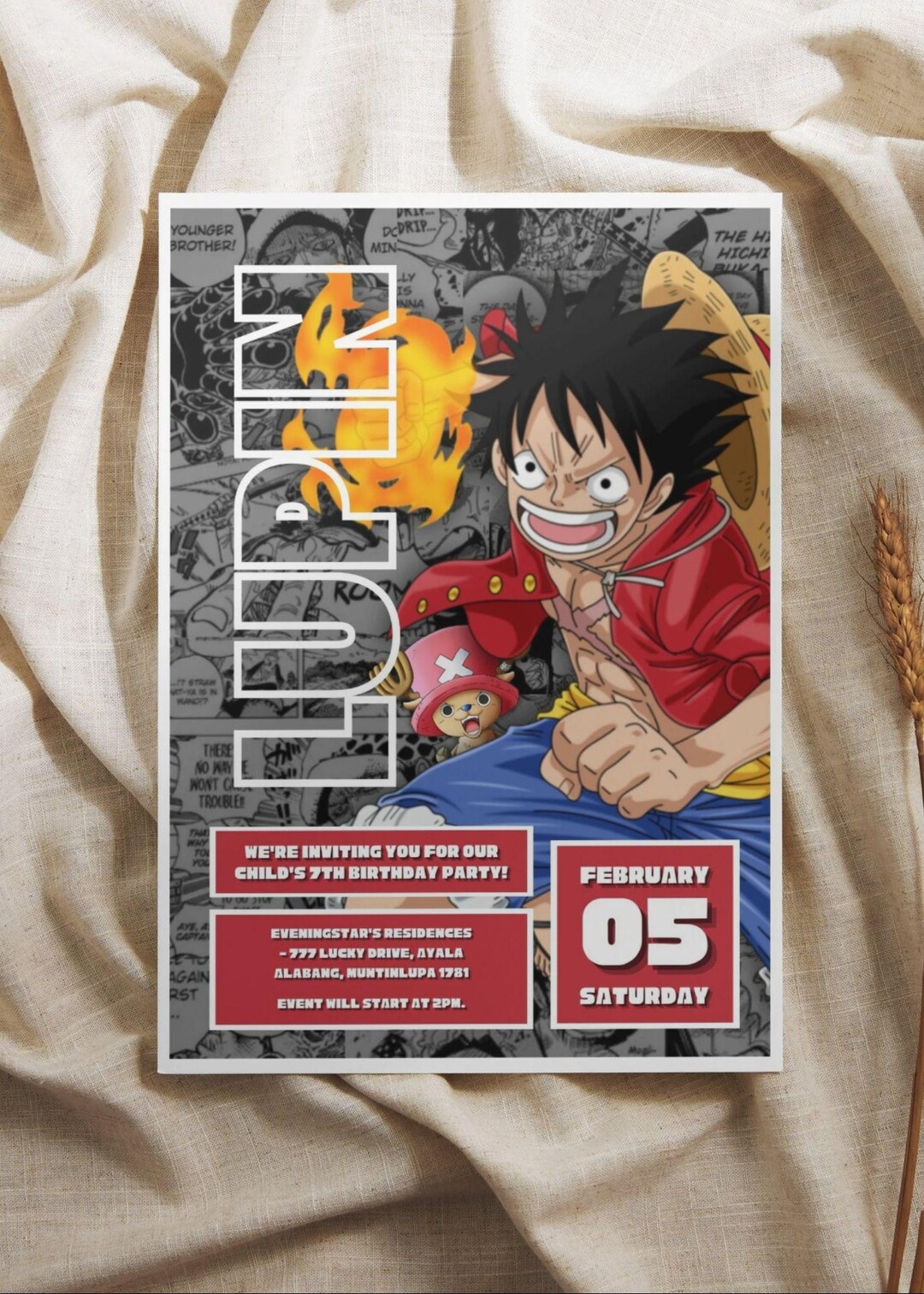 One Piece Birthday Invitation Template Monkey D Luffy Anime Invite One ...