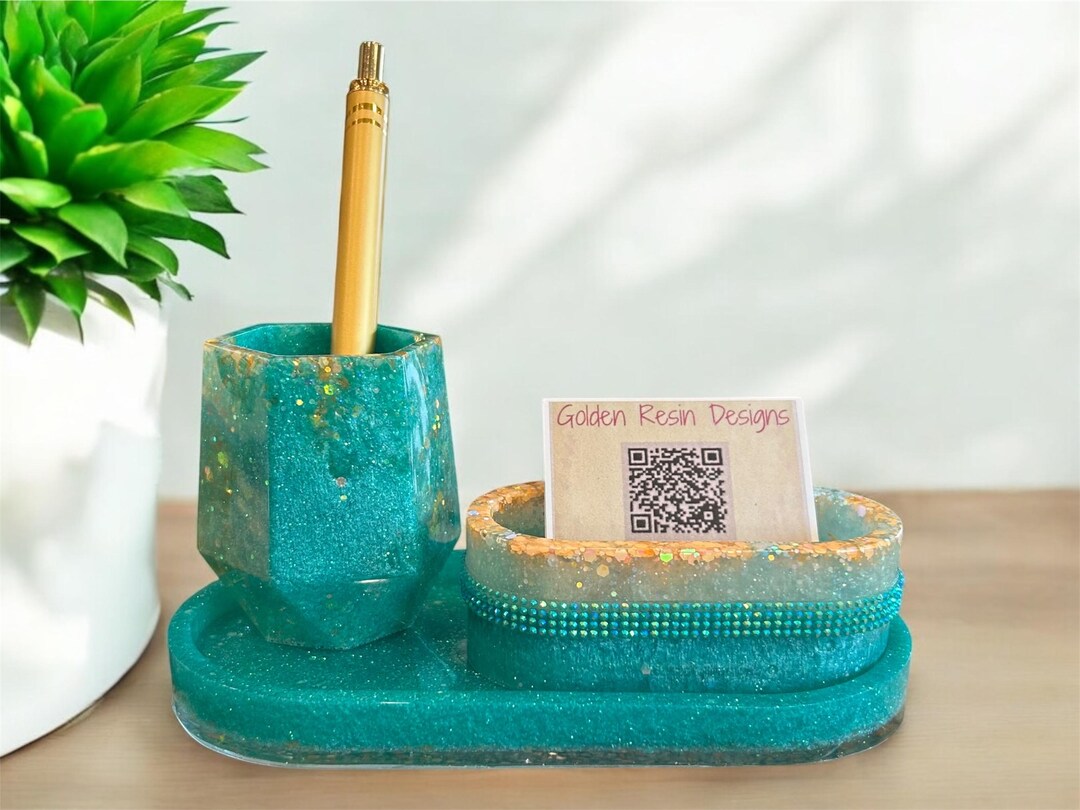 Handmade Teal and Orange Resin Pen Holder, Square Business Card or Post ...
