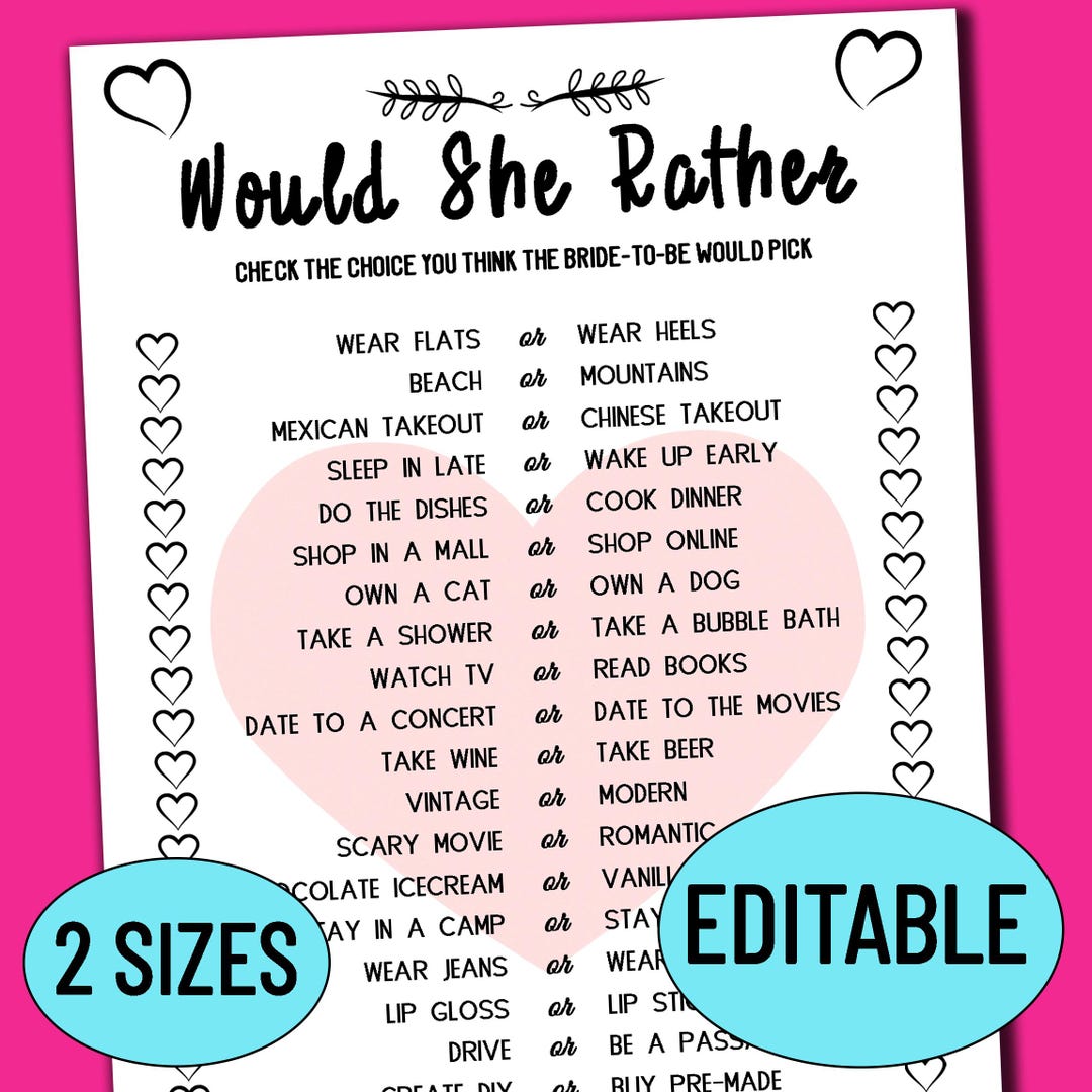 Would She Rather Bridal Shower Game | EDITABLE Who Knows Bride Best ...