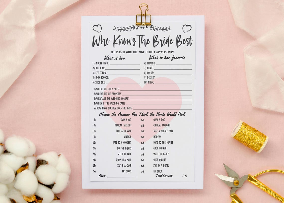 25 Questions Who Knows the Bride Best | Minimalist Bridal Shower Game ...