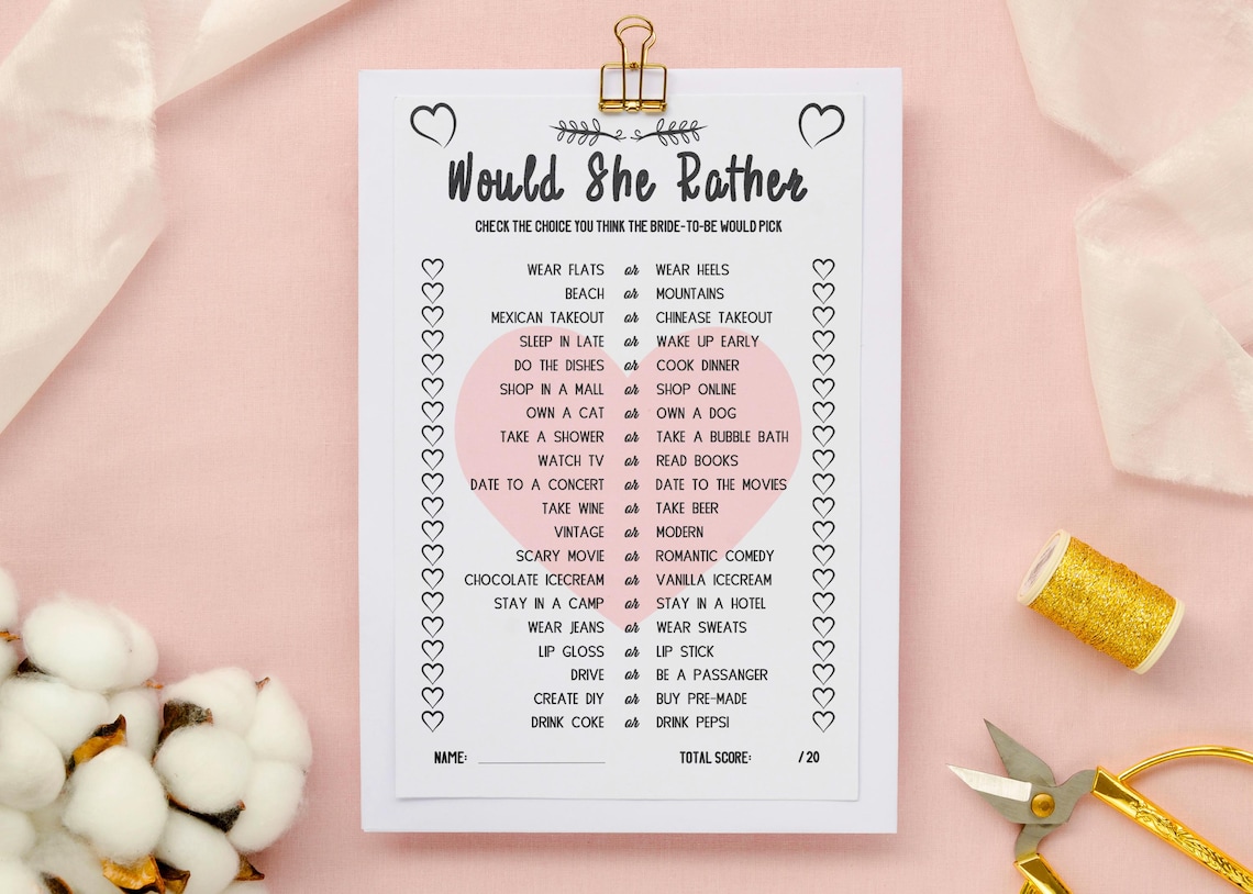 Would She Rather Bridal Shower Game Who Knows the Bride Best Printable ...
