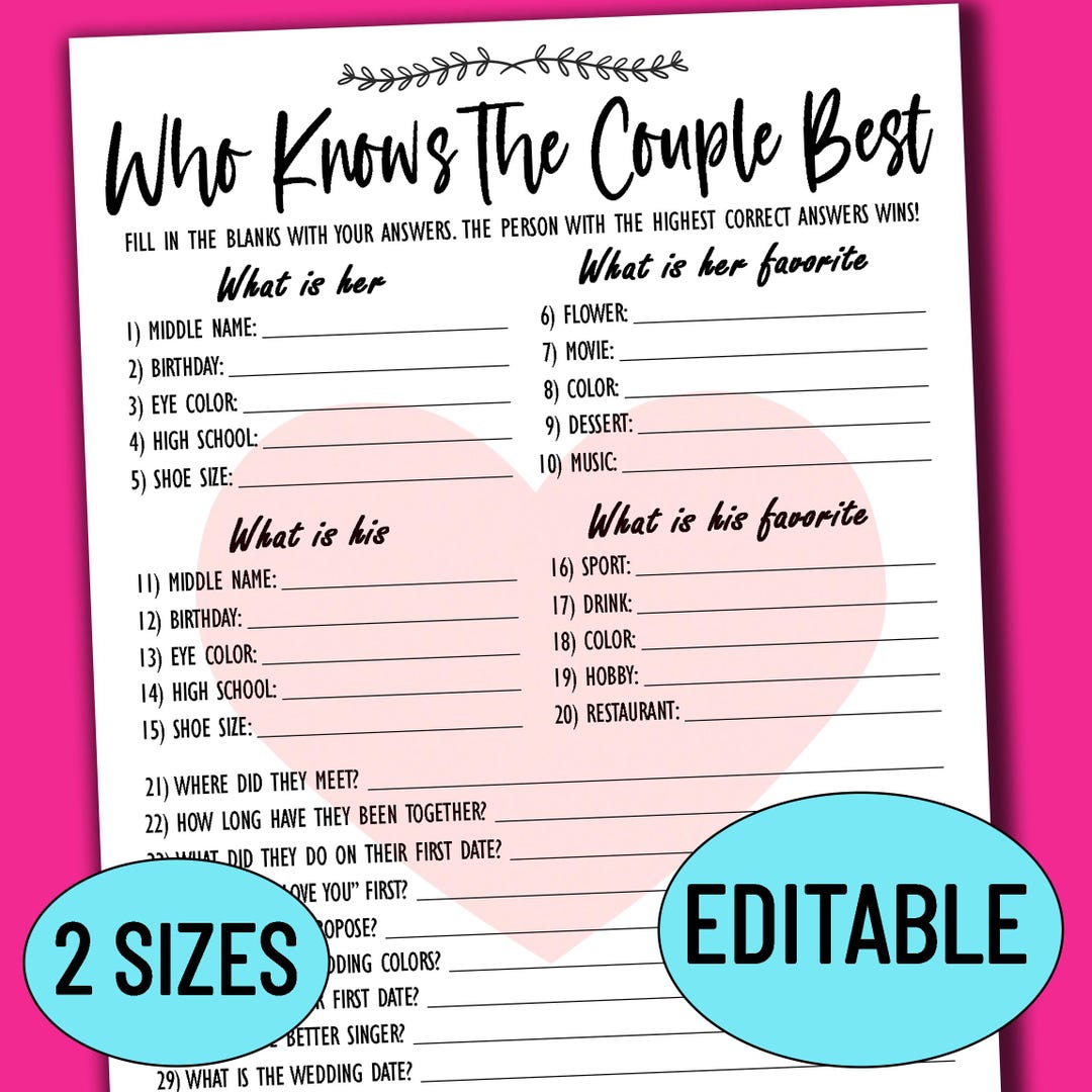32 Questions Who Knows the Couple Best | Minimalist Bridal Shower Game ...
