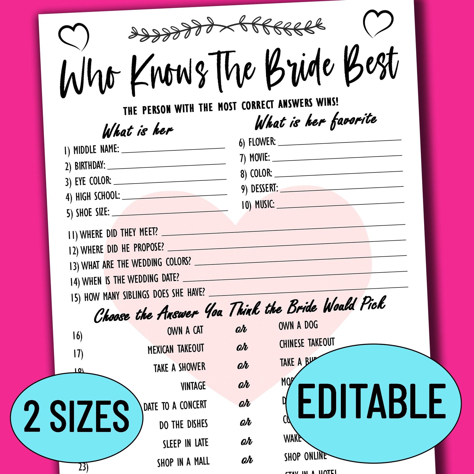 25 Questions Who Knows the Bride Best | Minimalist Bridal Shower Game ...