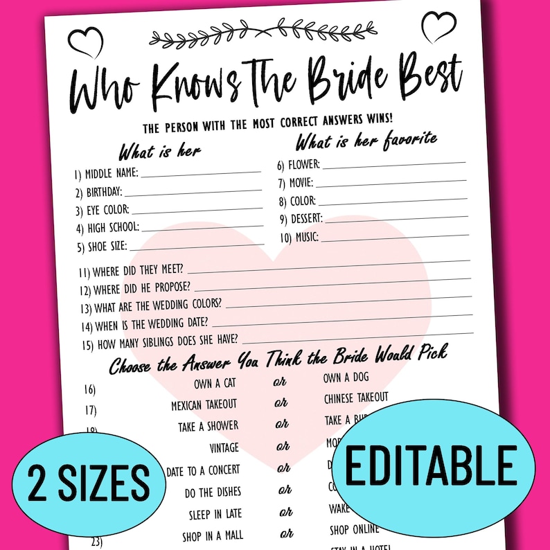 25 Questions Who Knows the Bride Best | Minimalist Bridal Shower Game ...