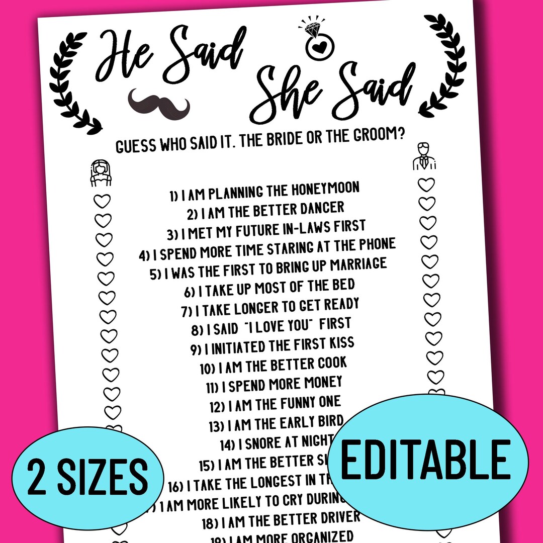 He Said She Said Game Card | Bridal Shower Games EDITABLE, Guess Who ...