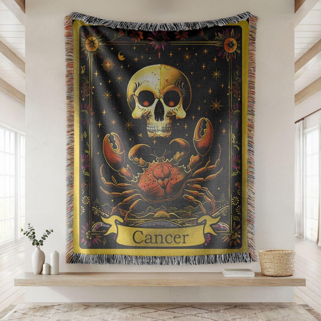 Cancer Gothic Zodiac Skeleton Tarot Card Woven Blanket | Cozy Home ...