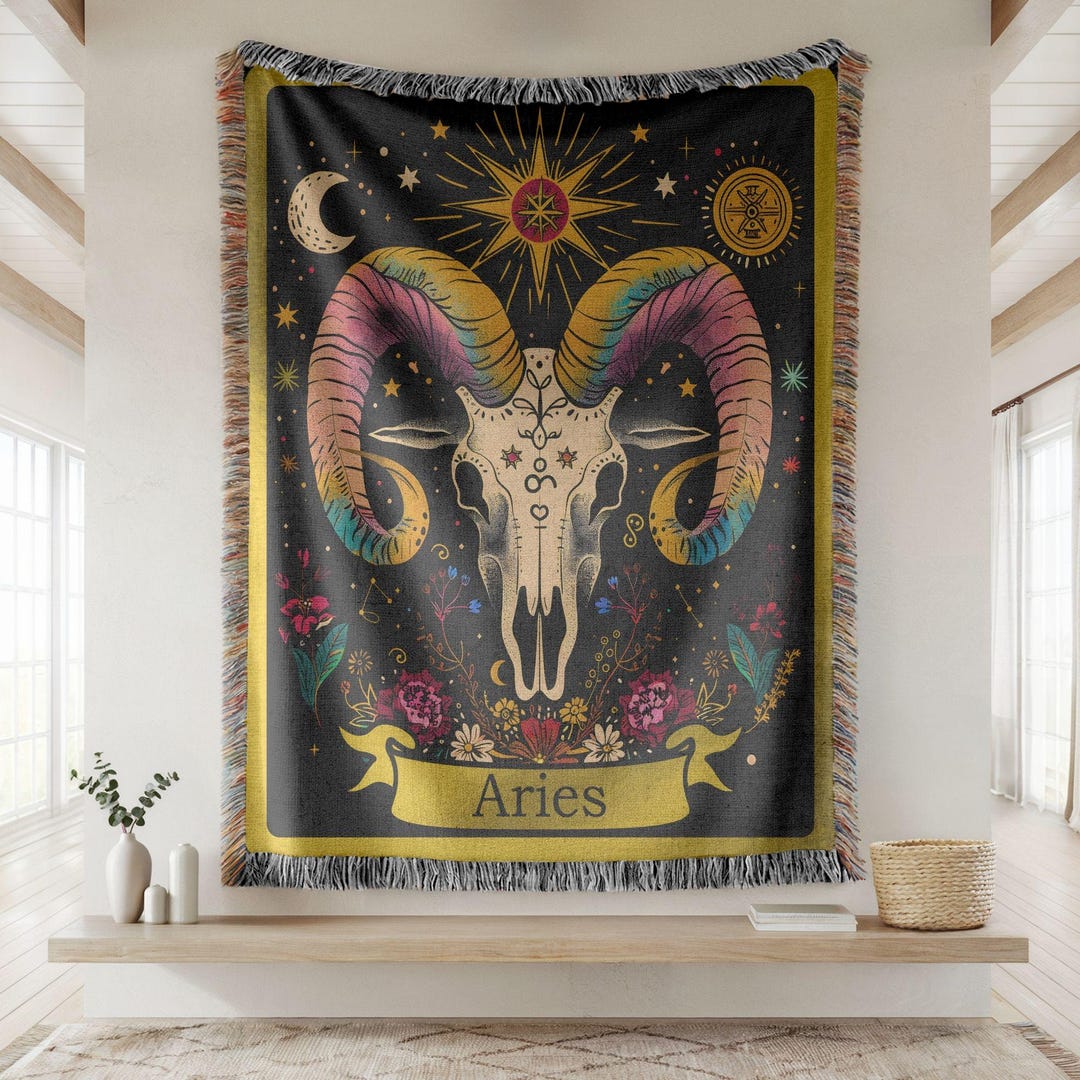 Aries Cosmic Zodiac Skeleton Tarot Card Woven Blanket - Celestial Home ...