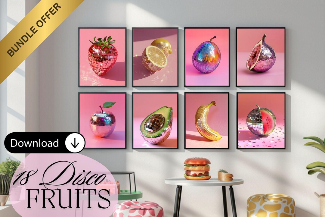 Disco Fruit Print Bundle | 18x Printable Wall Art | Funky Pop Art ...