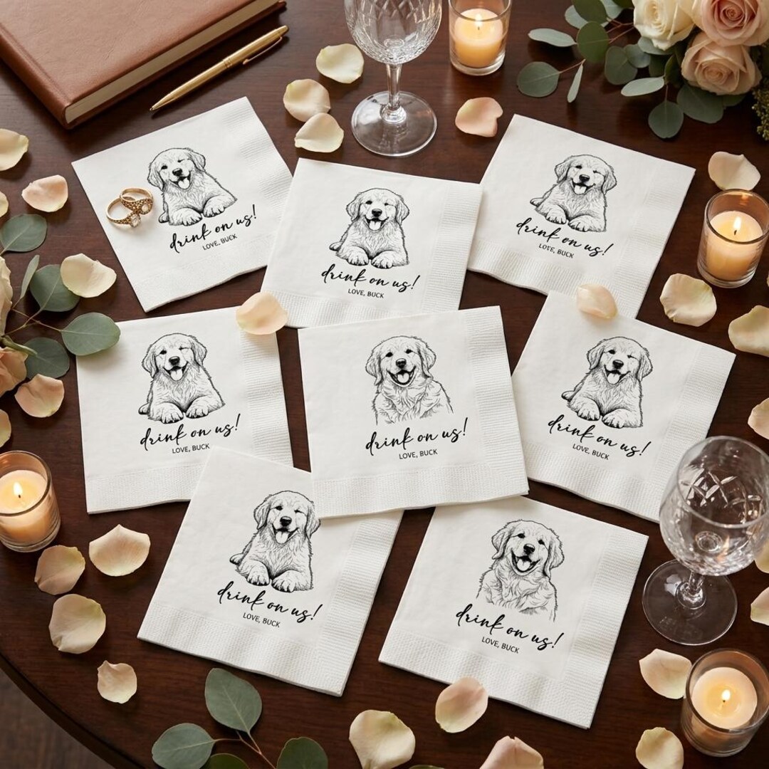 Personalized Illustrated Dog Napkins for Wedding | Custom Pet Portrait ...