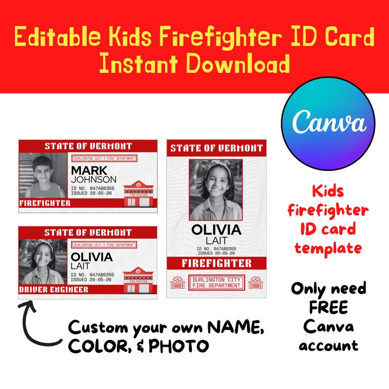 Firefighter Kids Personalised Badge Template Editable Firefighter ...