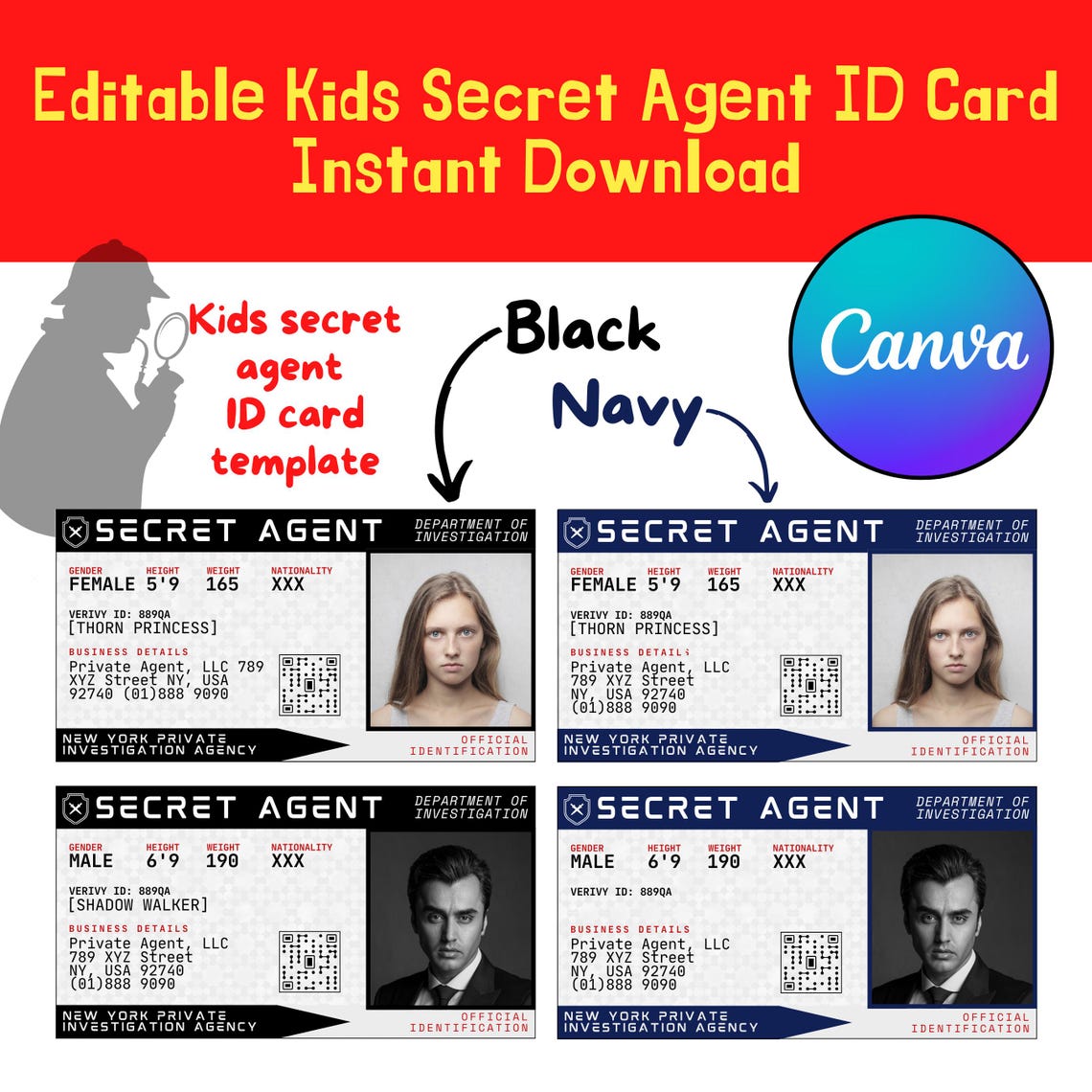 Kids Secret Agent ID Card Template, Editable Spy Badge Halloween ...