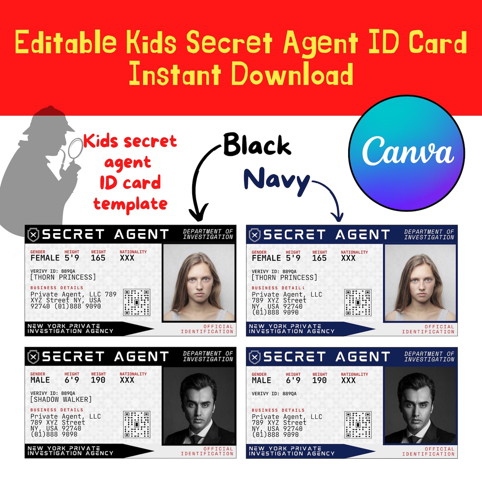 Kids Secret Agent ID Card Template, Editable Spy Badge Halloween ...