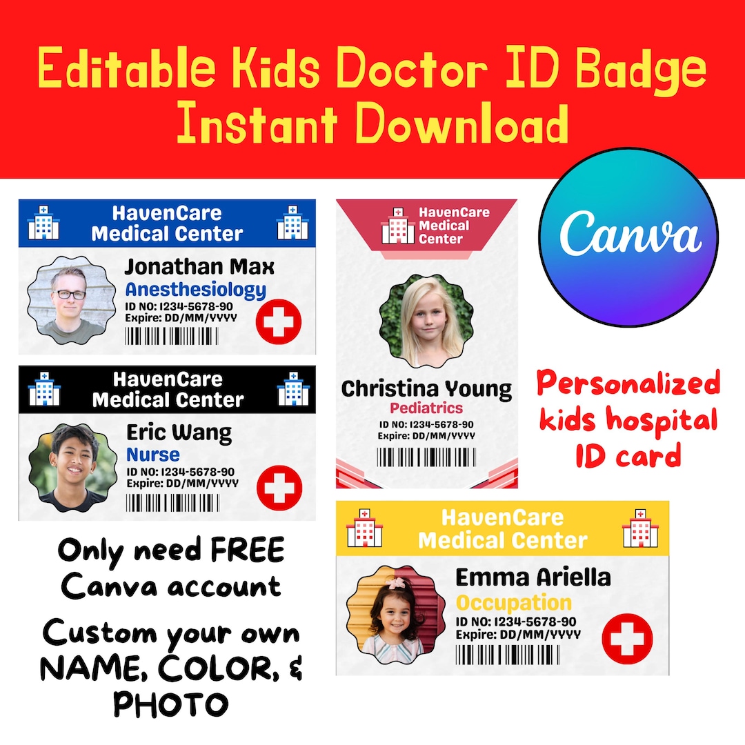 Editable Kids Doctor ID Card I Hospital Staff Badge Printable I ...