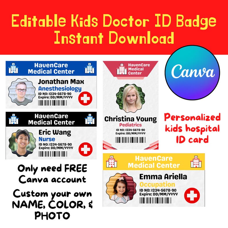 Editable Kids Doctor ID Card I Hospital Staff Badge Printable I ...