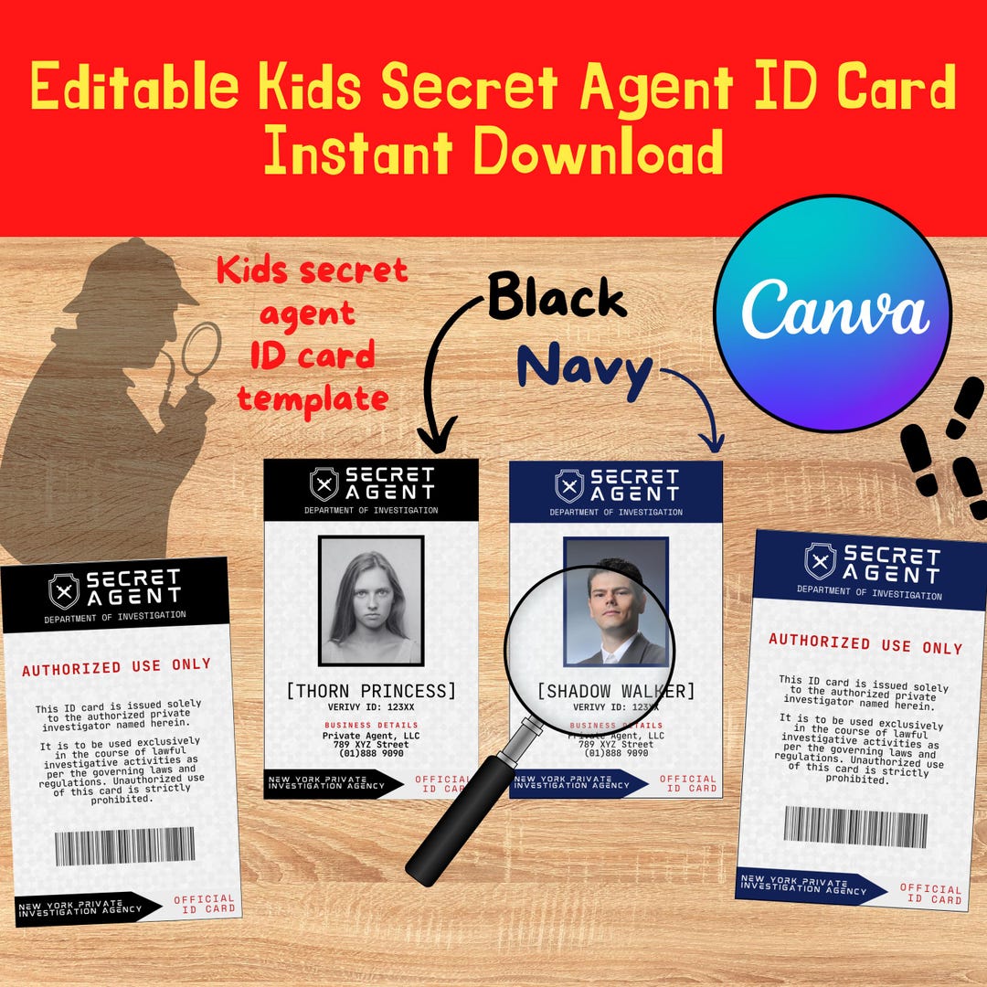 Kids Secret Agent ID Card Template, Detective Birthday Party (digital ...