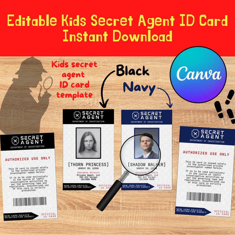 Kids Secret Agent Printable ID Card Pretend Play Detective Badge Top ...
